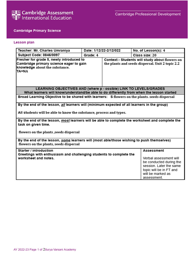 Lesson Plan: Cambridge Primary Science | PDF | Learning | Lesson Plan