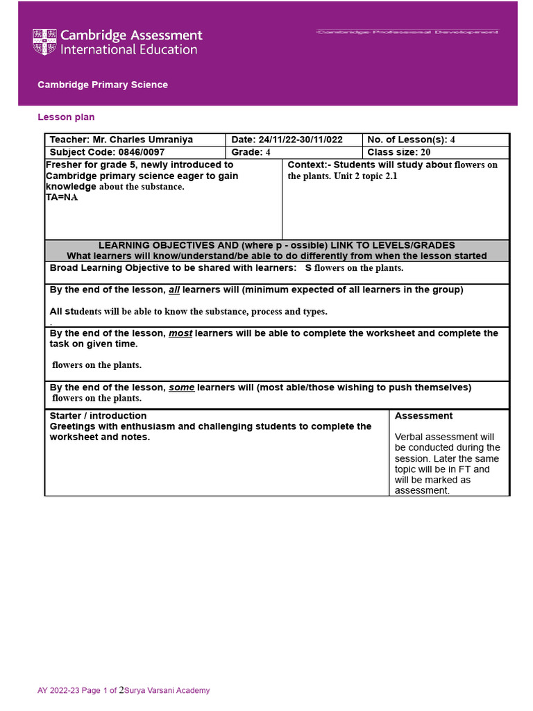 Lesson Plan: Cambridge Primary Science | PDF
