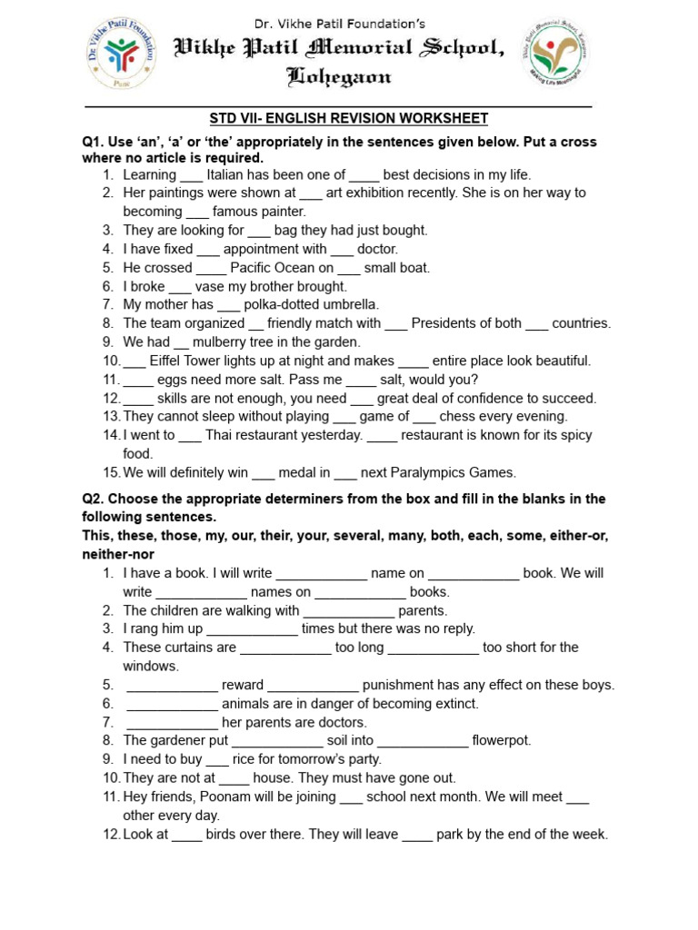 Class VII - Grammar Worksheet | PDF