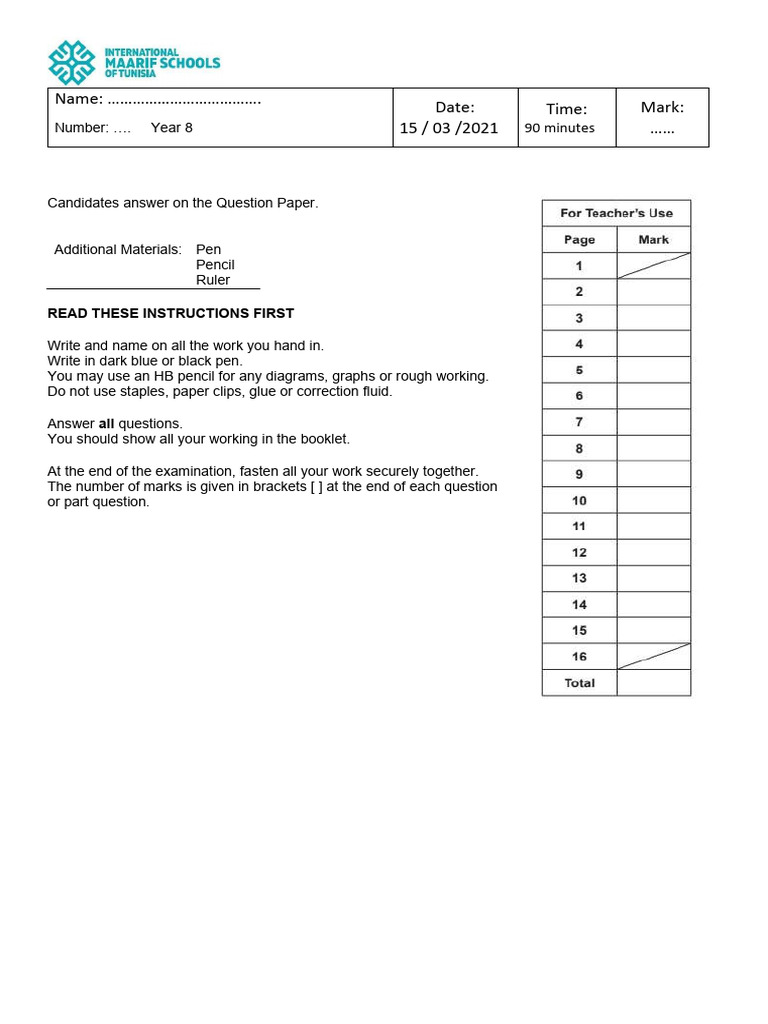 Year 8 Science Test Paper 2021 | PDF