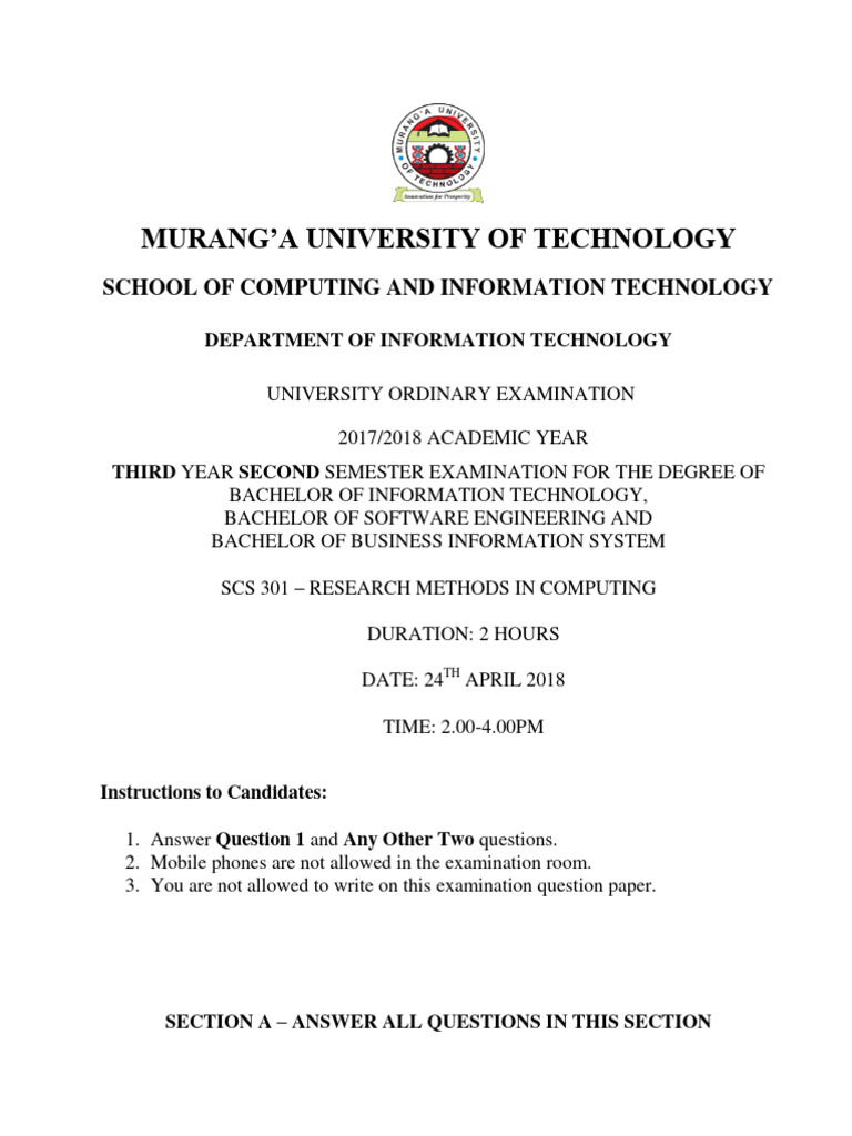 SCS 301 Exam: Research Methods in Computing | PDF | Methodology | Software