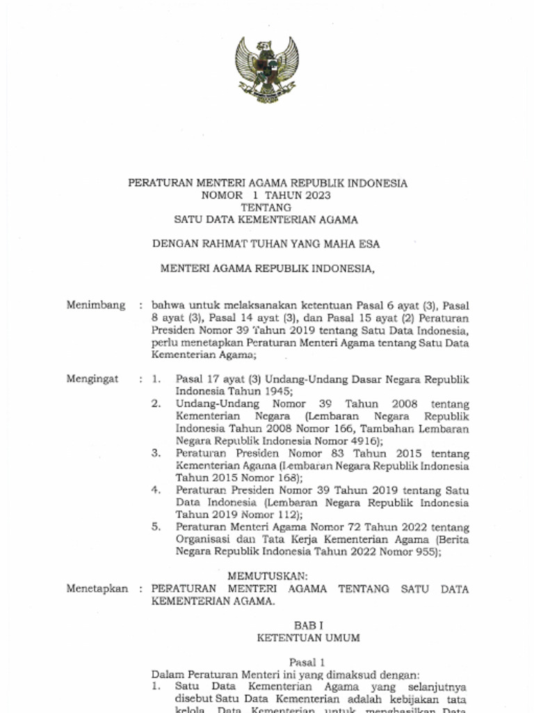 PMA 1 Tahun 2023 Tentang Satu Data Kementerian Agama | PDF