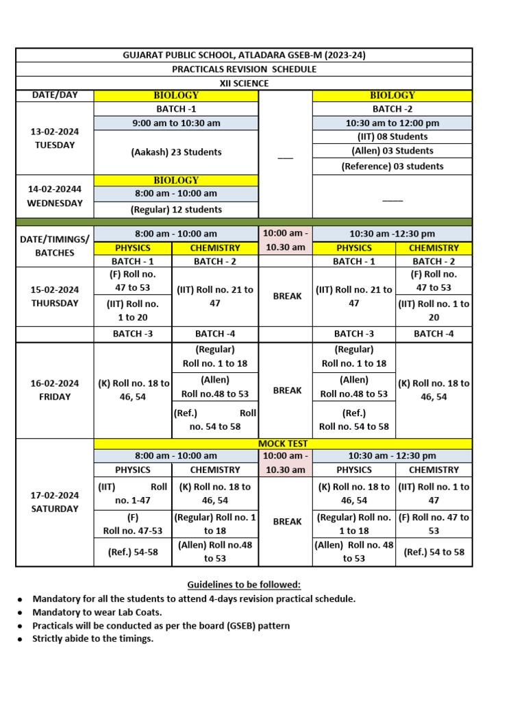 XII Sci. Practical Schedule 2023-24-3 | PDF