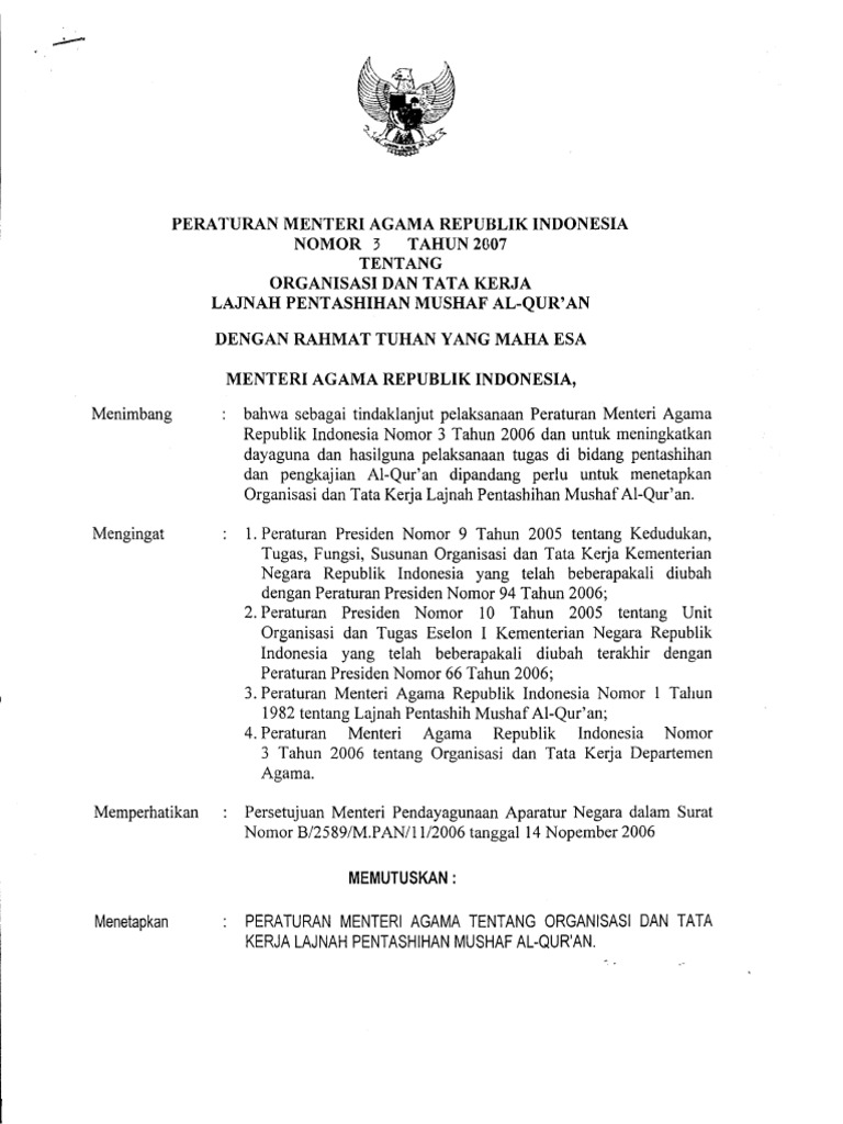 PMA 3 Tahun 2007 Tentang Ortaker Lajnah | PDF