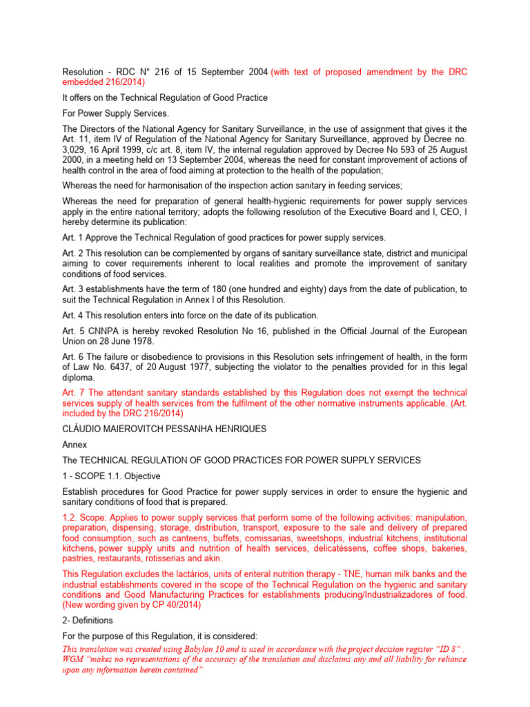 RDC 216 Alterada RDC 52 2014 - Babylon | PDF | Hygiene | Sanitation