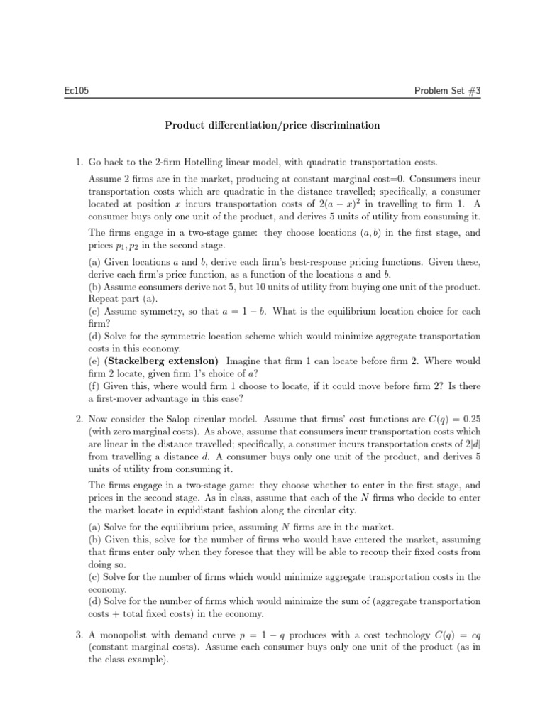 EC105 Problem Set 3: Pricing Strategies | PDF | Monopoly | Price Discrimination