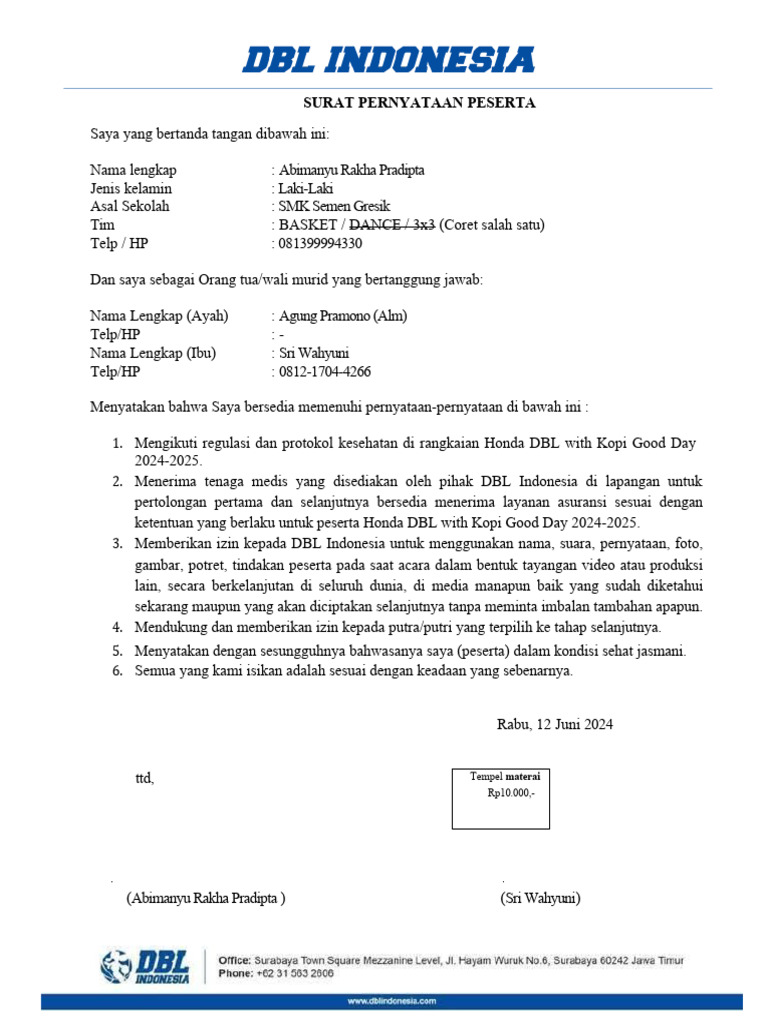 Abimanyu Rakha Pradipta Surat Pernyataan Peserta DBL 2024-2025 | PDF