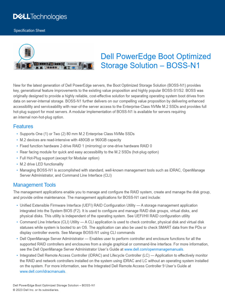 Dell Poweredge Boot Optimized Storage Solution Datasheet For n1 | PDF ...