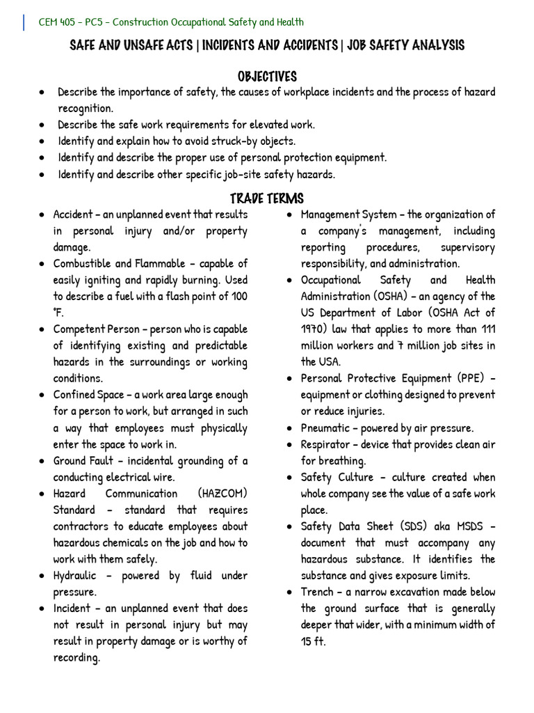 SAFE AND UNSAFE ACTS - INCIDENTS AND ACCIDENTS - JOB SAFETY ANALYSIS ...