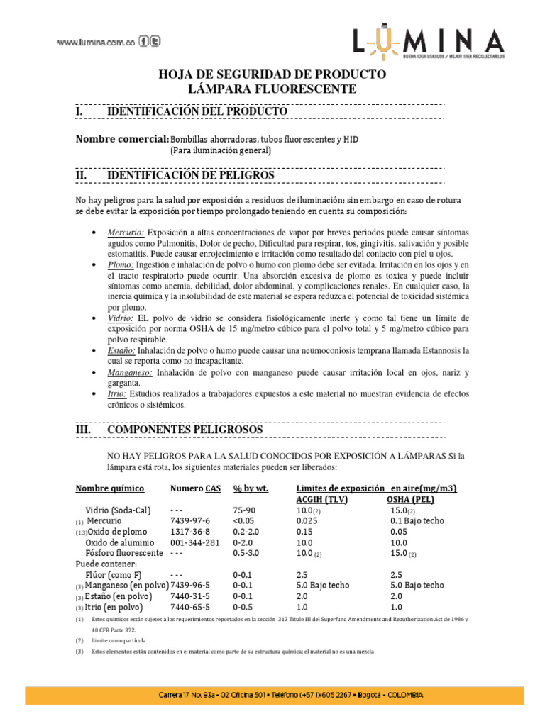 Ficha de Seguridad Lúmina | PDF | Mercurio (Elemento) | Manganeso