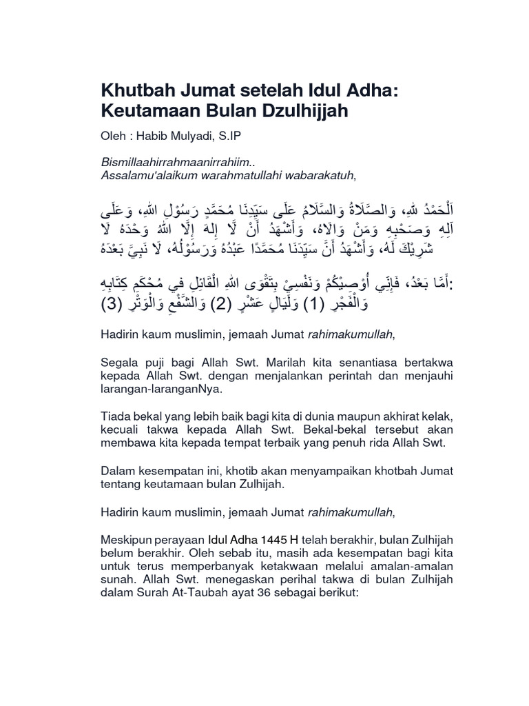 Khutbah Jumat Setelah Idul Adha 2024 | PDF Khutbah Jumat Setelah Idul Adha 2024 | PDF