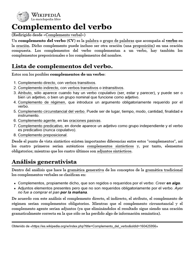 Tipos de complementos del verbo | PDF | Artes del Lenguaje y Comunicación