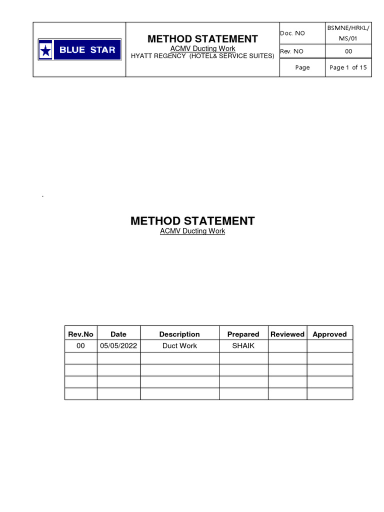Method Statement For Ductwork R00 | PDF | Duct (Flow) | Specification (Technical Standard)
