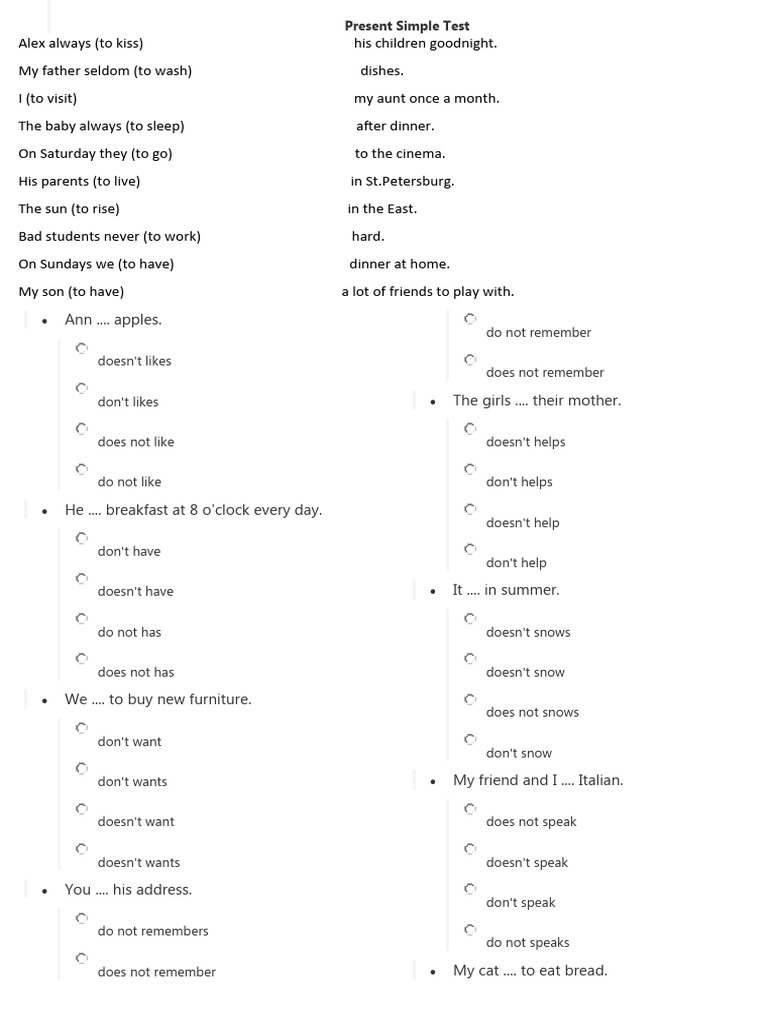 Present Simple Test | PDF