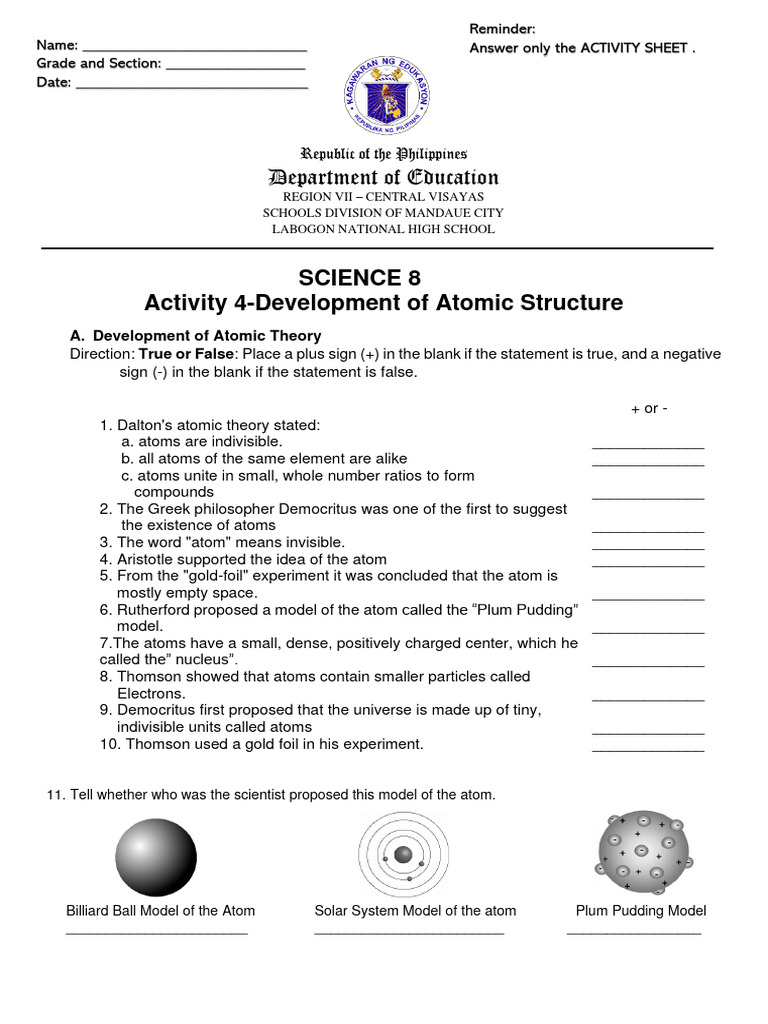 Activity Sheet 4 Atomic Structure | PDF | Atoms | Atomic Nucleus