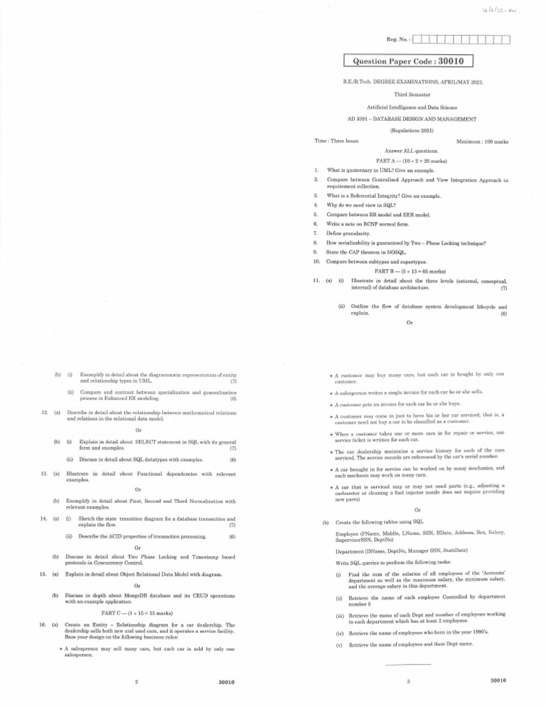 AD3391 - Database Design and Management_R2021 - 2023 April | PDF