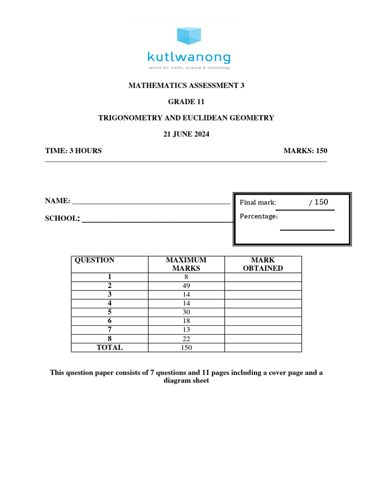 Grade 11 Trigonometry Exam Paper | PDF | Circle | Euclidean Geometry
