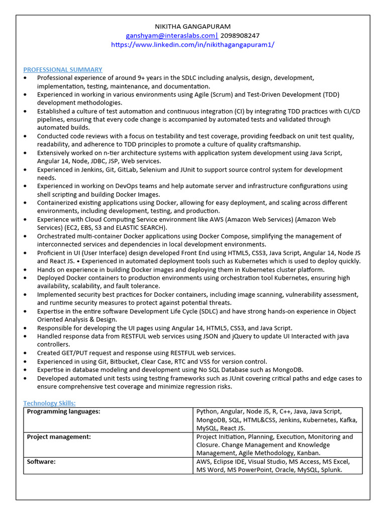 NIKITHA GANGAPURAM Resume | PDF | Software Development Process | Spring Framework