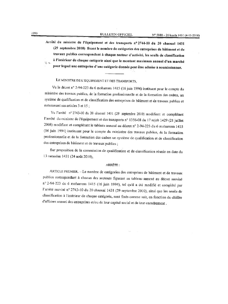 Arrete 2744 Classification | PDF