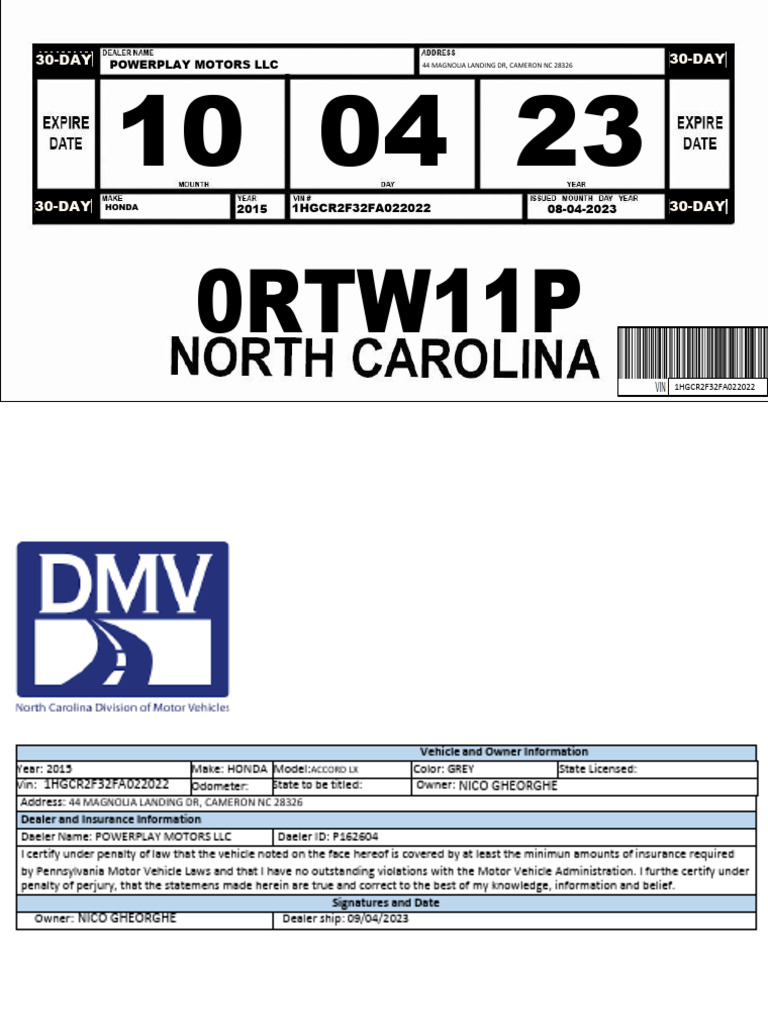 Temporary Plate North Carolina Honda 2015 2 | PDF