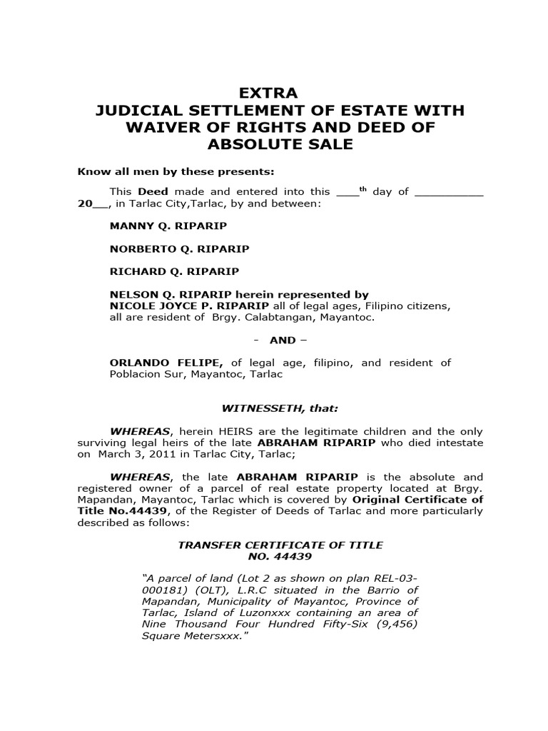 EXTRAJUDICIAL SETTLEMENT OF ESTATE WITH WAIVER OF RIGHTS.docx 2' | PDF ...