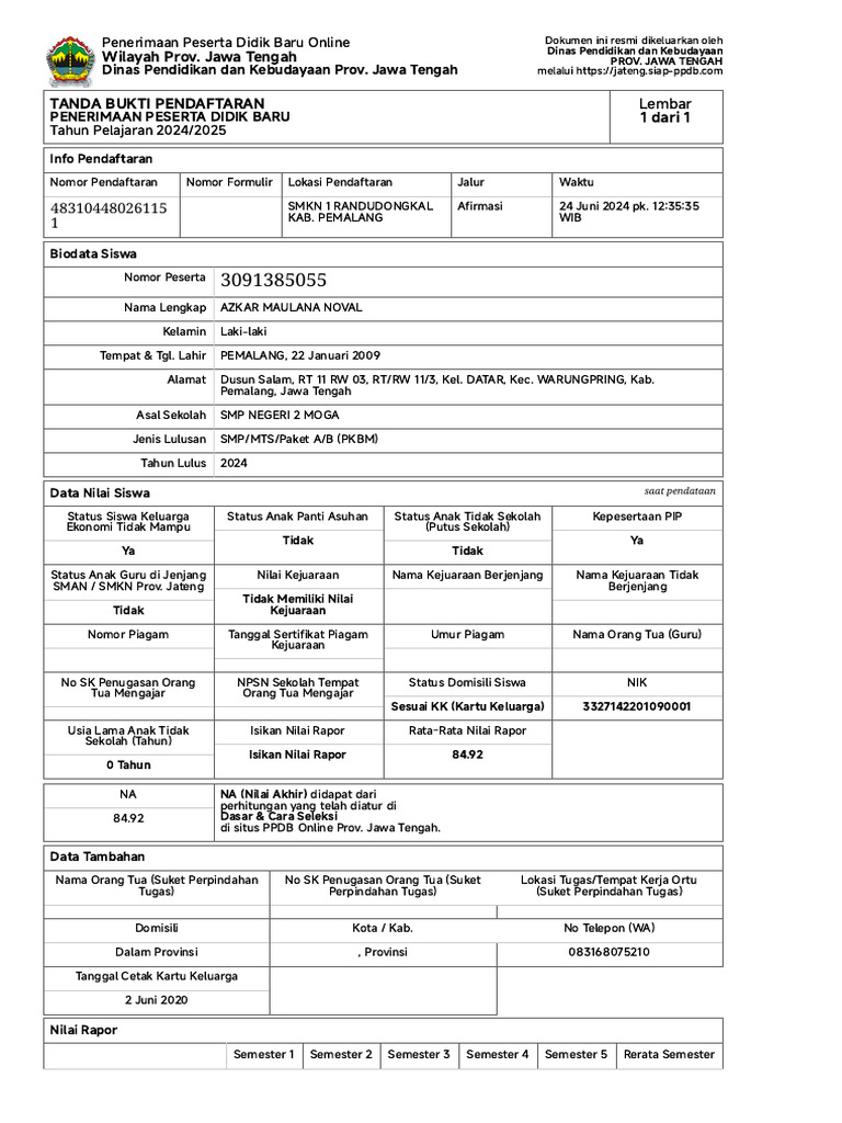 Tanda Bukti Pendaftaran - 3091385055 - AZKAR MAULANA NOVAL | PDF
