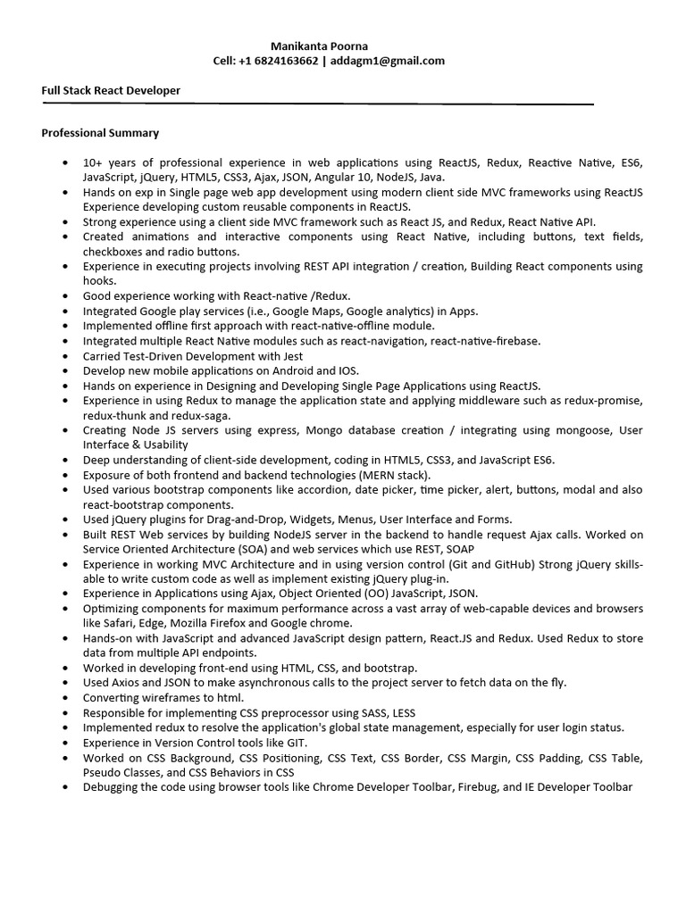Resume Manikanta ReactFullstack 1 | PDF | Java Script | Ajax (Programming)