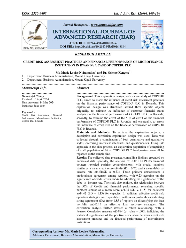 Credit Risk Assessment Practices and Financial Performance of Microfinance Institution in Rwanda ...