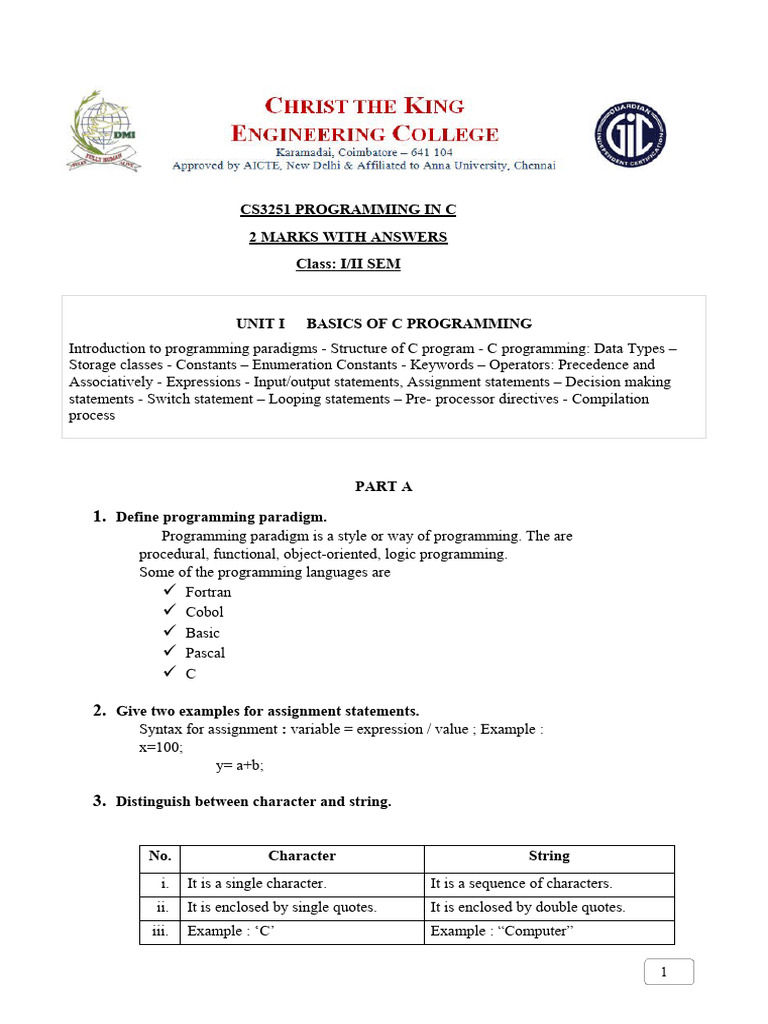 Cs3251 Programming In C 2 Marks Pdf Pointer Computer Programming C Programming Language 5697