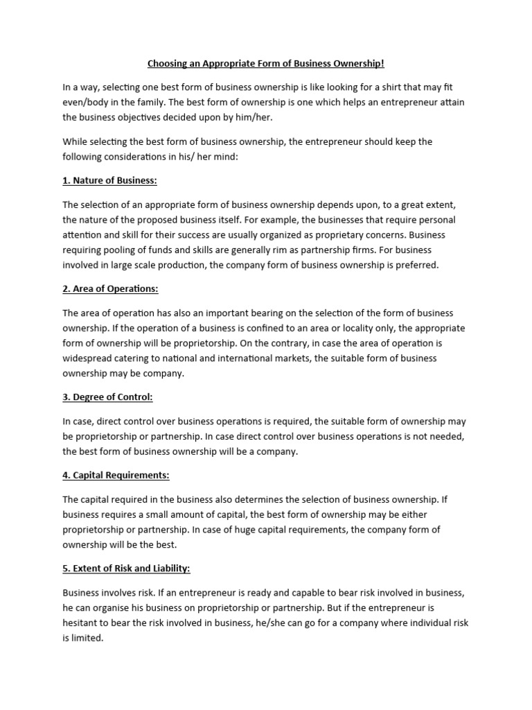 Factors To Choose Ownership Structure | PDF | Partnership | Ownership