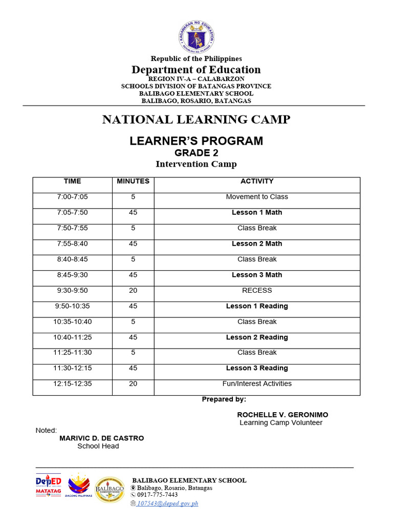 Grade 2 National Learning Camp Schedule | PDF | Teachers | Lesson Plan