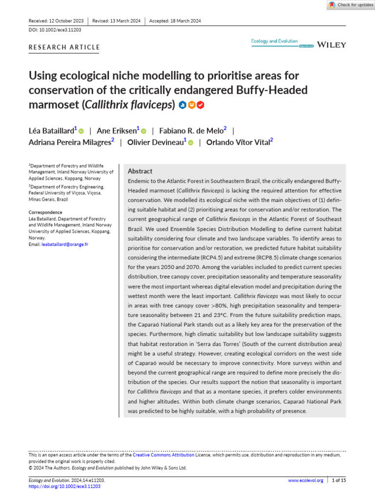Ecology and Evolution - 2024 - Bataillard - Using Ecological Niche Modelling To Prioritise Areas ...