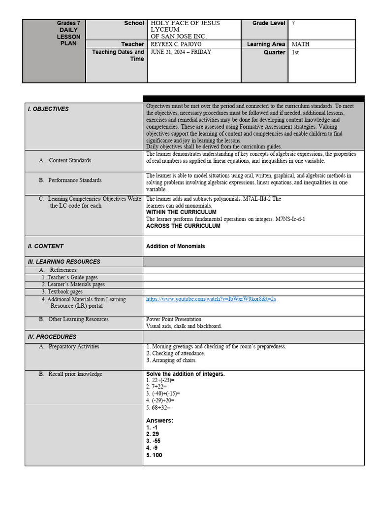 FINAL DEMO Addition of Monomials 1 | PDF | Equations | Learning