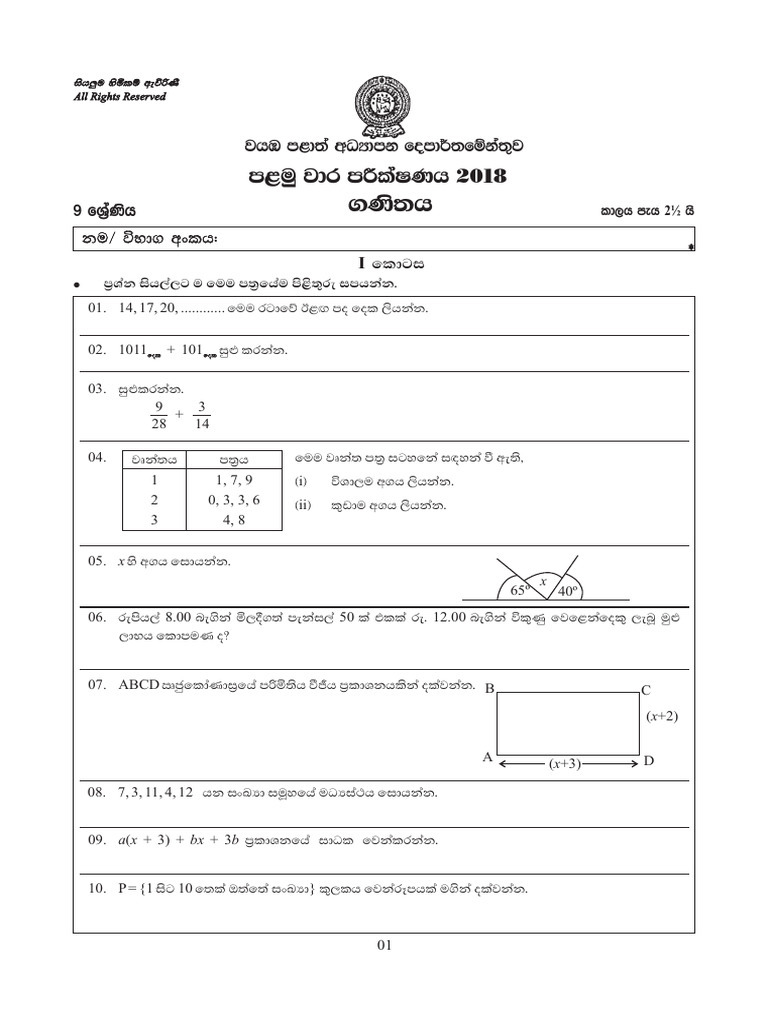 Grade 09 Maths 1st Term Test Paper 2018 North Western Province | PDF
