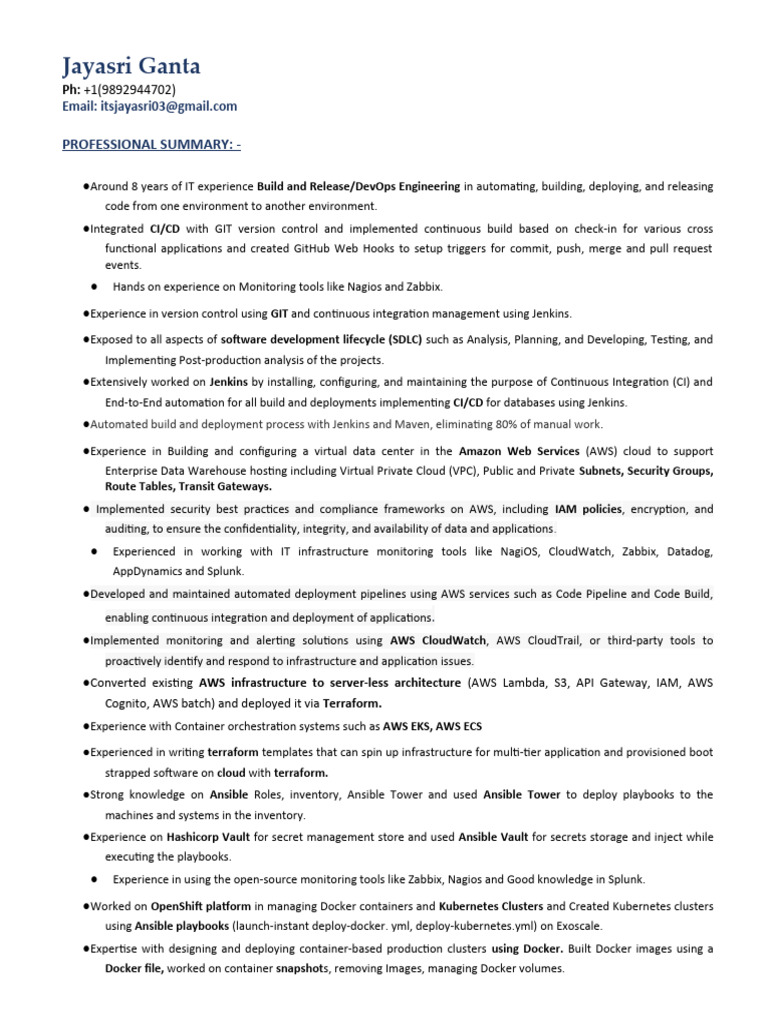 Jayasri Devops Resume | PDF | Amazon Web Services | Cloud Computing