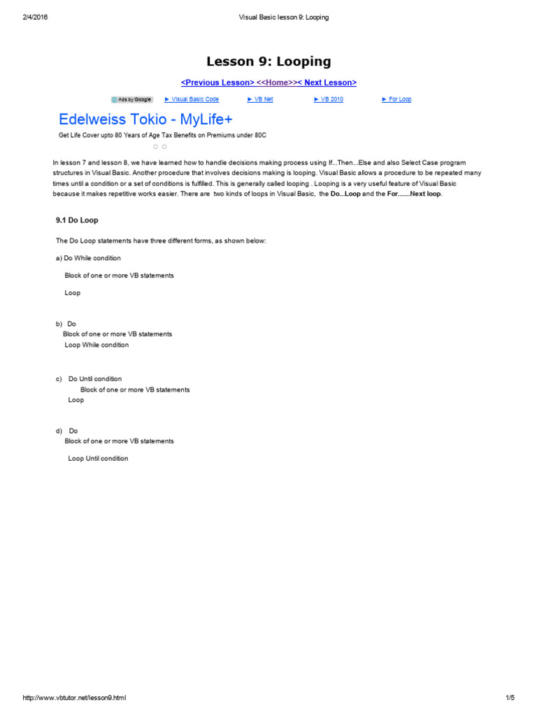Visual Basic Lesson 9 - Looping | PDF | Control Flow | Computer Science
