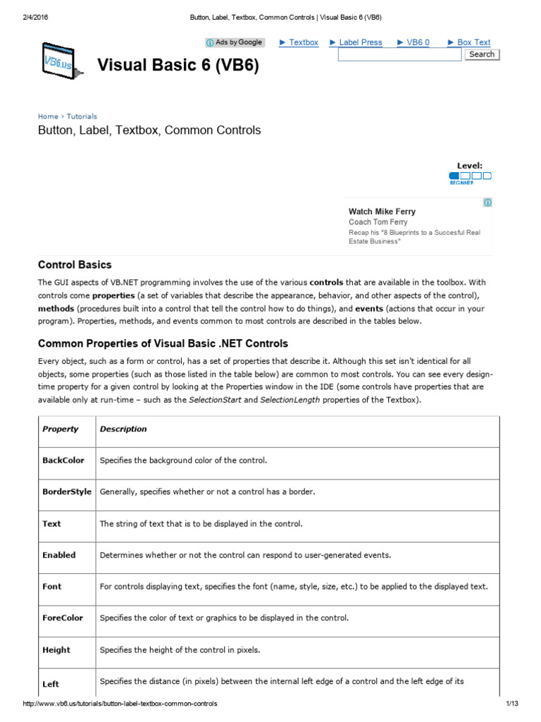 Button, Label, Textbox, Common Controls - Visual Basic 6 (VB6) | PDF | Button (Computing ...