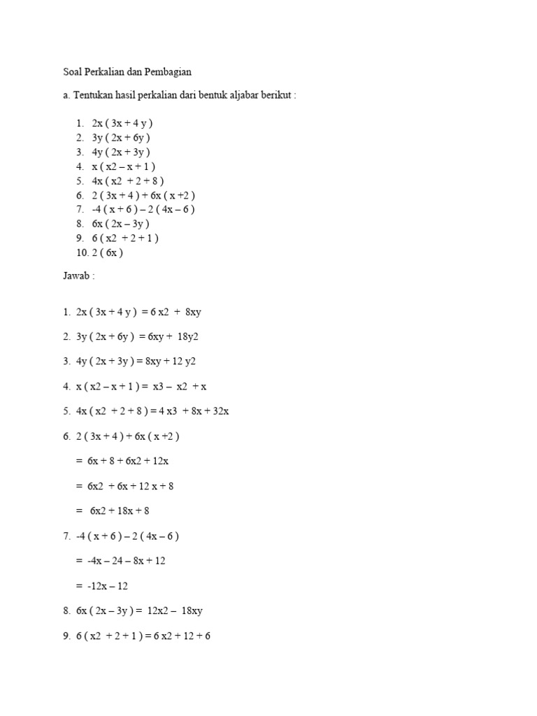 Soal Perkalian dan Pembagian Aljabar Kelas 7 | PDF