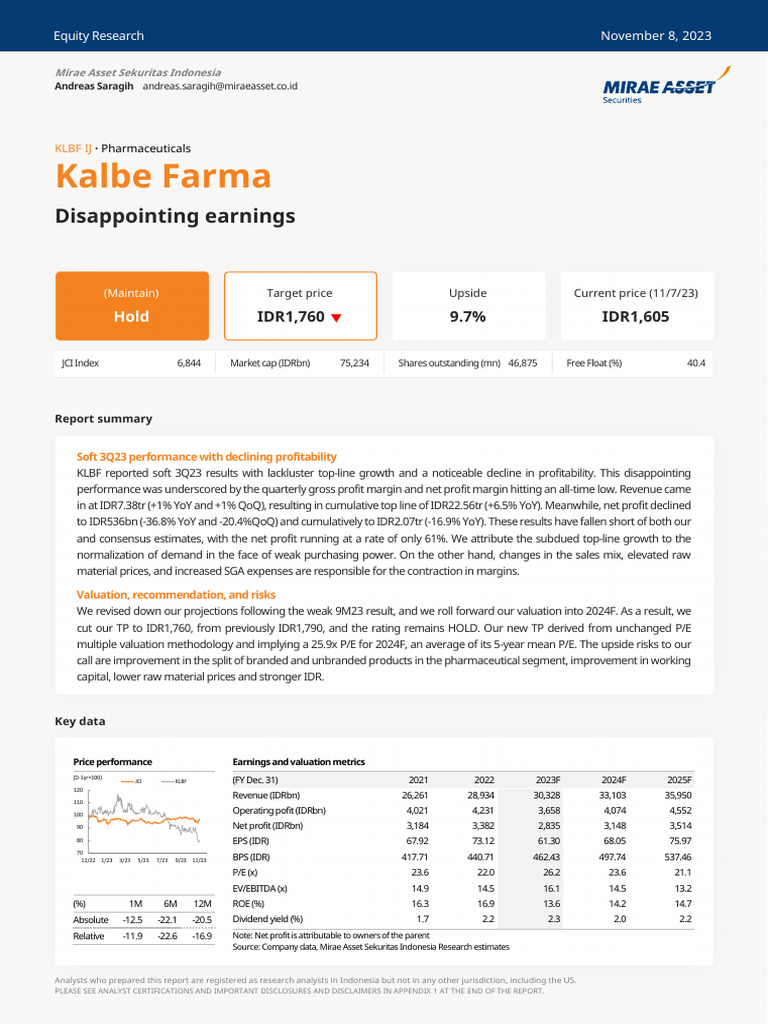 Mirae Company Analysis 3Q23 KLBF 8 Nov 2023 Remain Hold Cut TP Rp1 ...