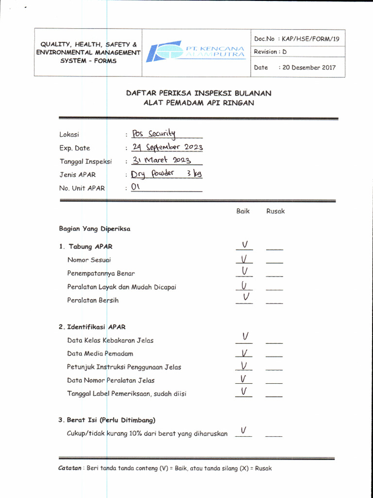 Inspeksi APAR Maret 2023 | PDF