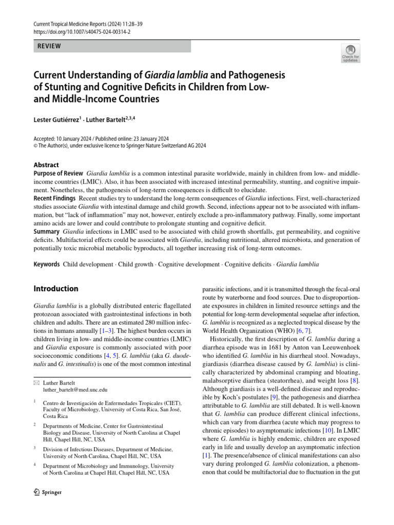 2024 Current Understanding of Giardia Lamblia and Pathogenesis of ...