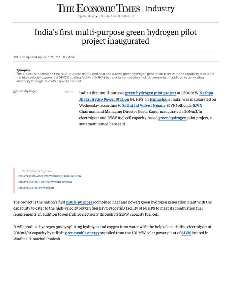 India's first multi-purpose green hydrogen pilot project inaugurated ...