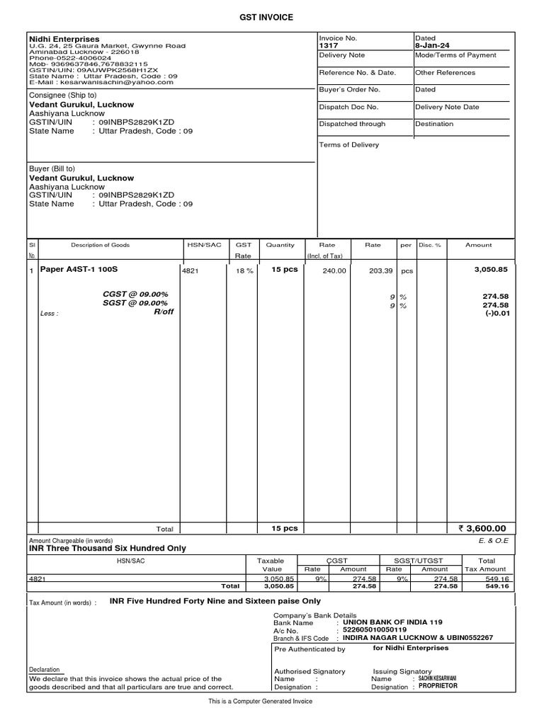 GST Invoice for Nidhi Enterprises | PDF | Public Finance | Economies