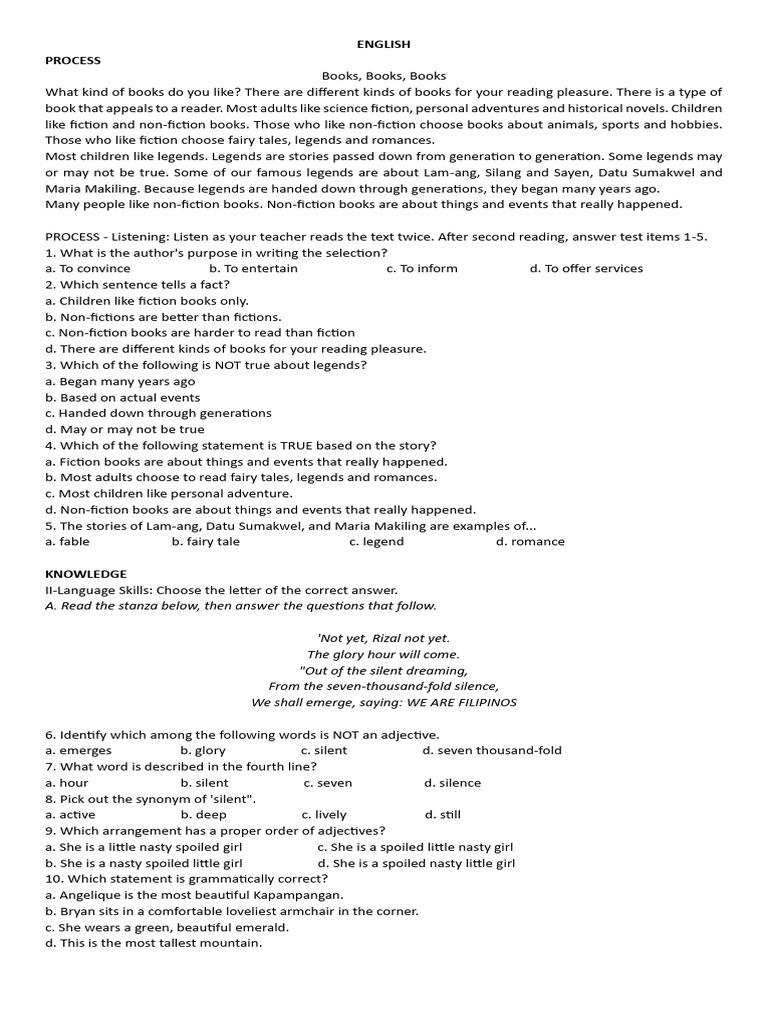 English ENTRANCE EXAM PRACTICE QUESTIONS FOR GRADE 7 | PDF | Legends ...