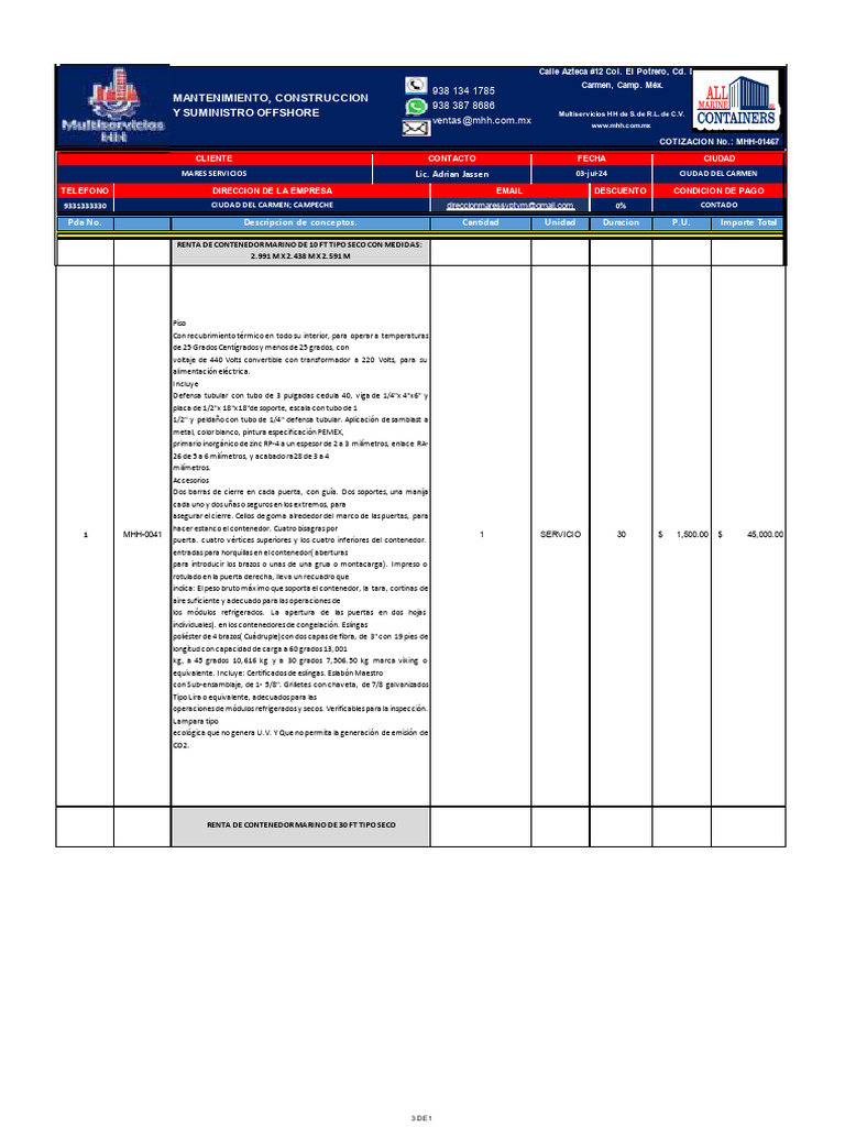 Cot-Mhh-001467 Renta Cont. 10 FT | PDF | Ingeniería de Edificación