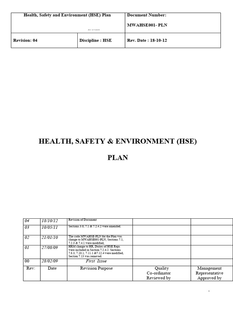 MWAHSE001-PLN HSE PLAN Rev 4 18 10 | PDF | Risk | Safety