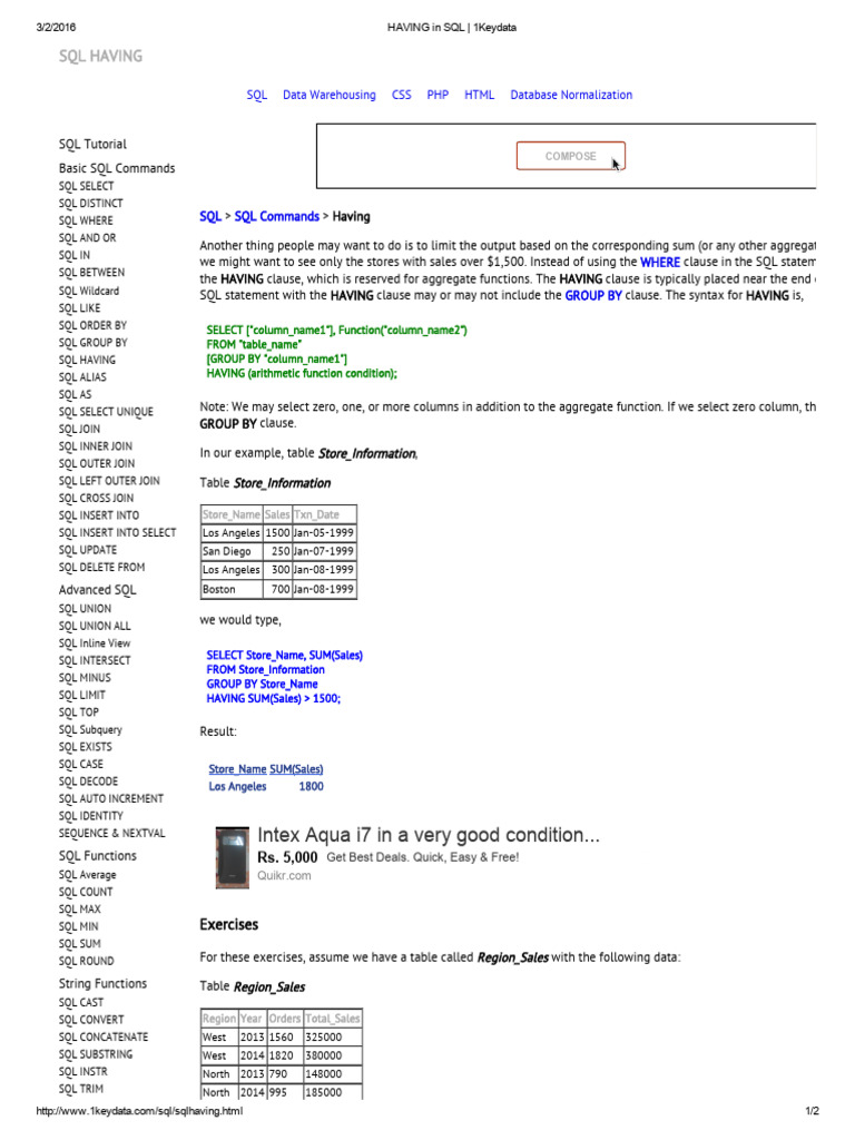 HAVING in SQL - 1keydata | PDF | Sql | Computer Programming