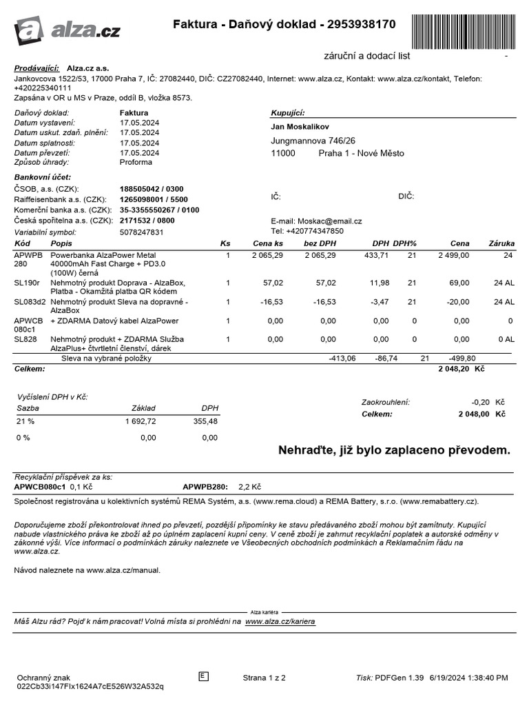 Faktura - Daňový Doklad - 2953938170: Záruční A Dodací List | PDF
