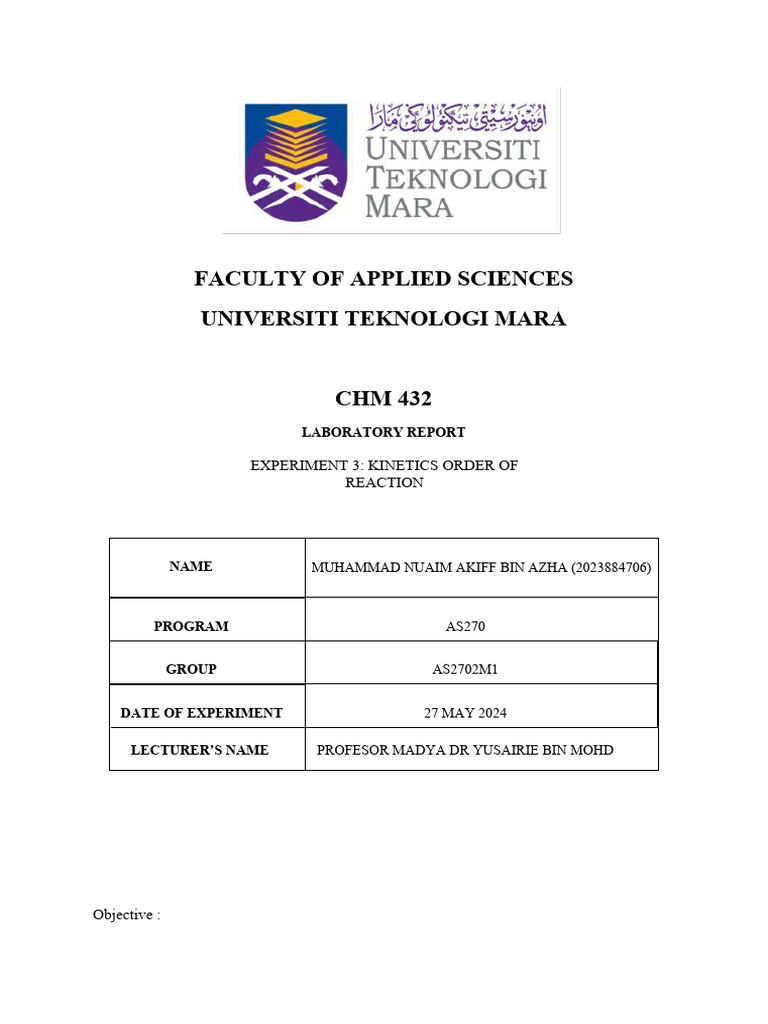 Chm 432 Exp 3 Pdf Unit Processes Chemistry