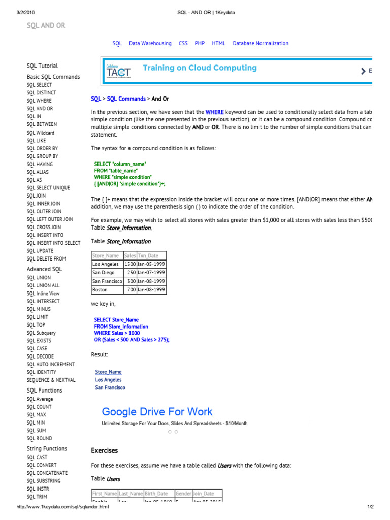Sql And Or 1keydata Pdf Sql Databases